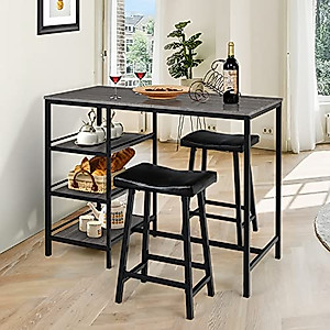 COSTWAY 3 Pieces Dining Table Set, Counter Height Pub Table Set with 2 Upholstered Bar Stools and 3 Shelves, Industrial Kitchen Table Set for Living Room, Restaurant