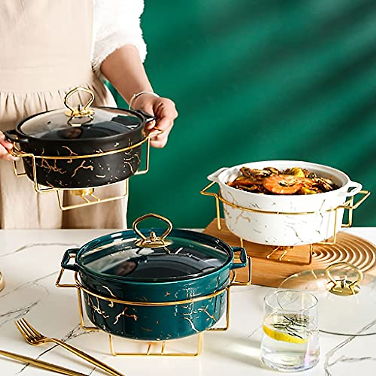 Buffet Warmer Set with Glass Lid - 2 Quart Round Chafing Dish Buffet Set, Ceramic Marble Finish Chafer for Weddings, Parties and Banquets - Perfect for Your Catering Needs