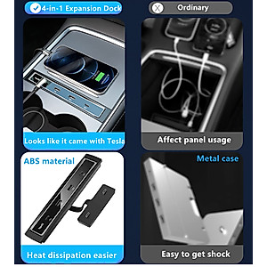 2023-2021 Tesla Model Y Model 3 Docking Station 4 in 1 USB Hub Center Console Adapter Cable Charger Powered Splitter Extension Accessories