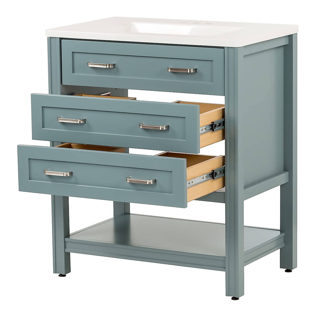 Spring Mill Cabinets Eaton Bathroom Vanity with 2 Drawers, Open Shelf, and White Sink Top, 30.25" W x 18.75" D x 35.41" H, Sage