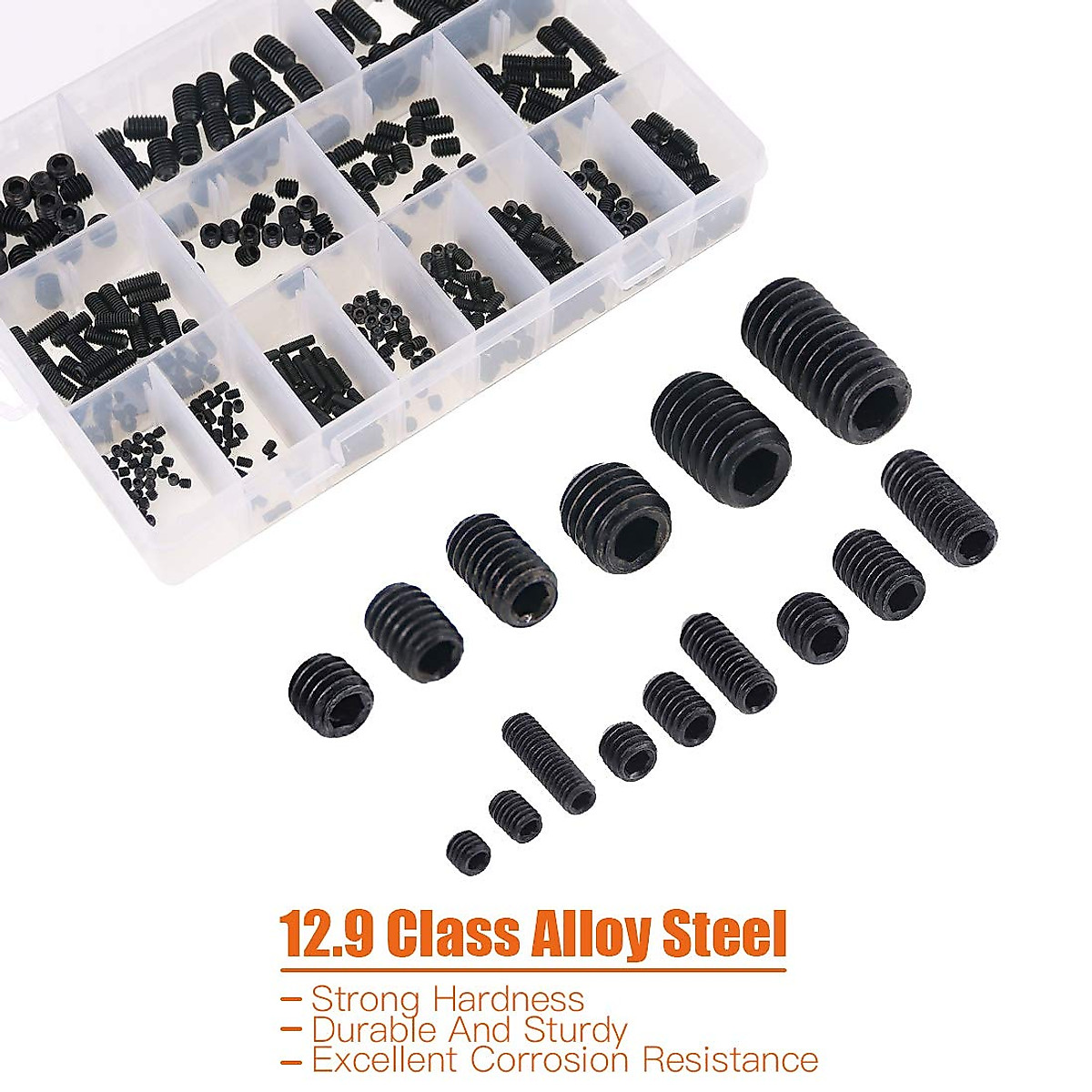 Rustark 450Pcs M3/M4/M5/M6/M8 Allen Head Socket Hex Grub Screw Set Assortment Kit with Internal Hex Drive - 12.9 Class Black Alloy Steel