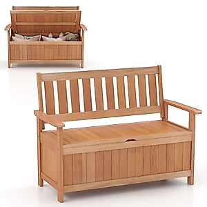 Tangkula 48 Inch Patio Storage Bench, Wood Storage Loveseat with 34.2 Gal Inner Space, Entryway Large Deck Box w/Slatted Backrest, Wooden Storage Seat for Backyard, Garden