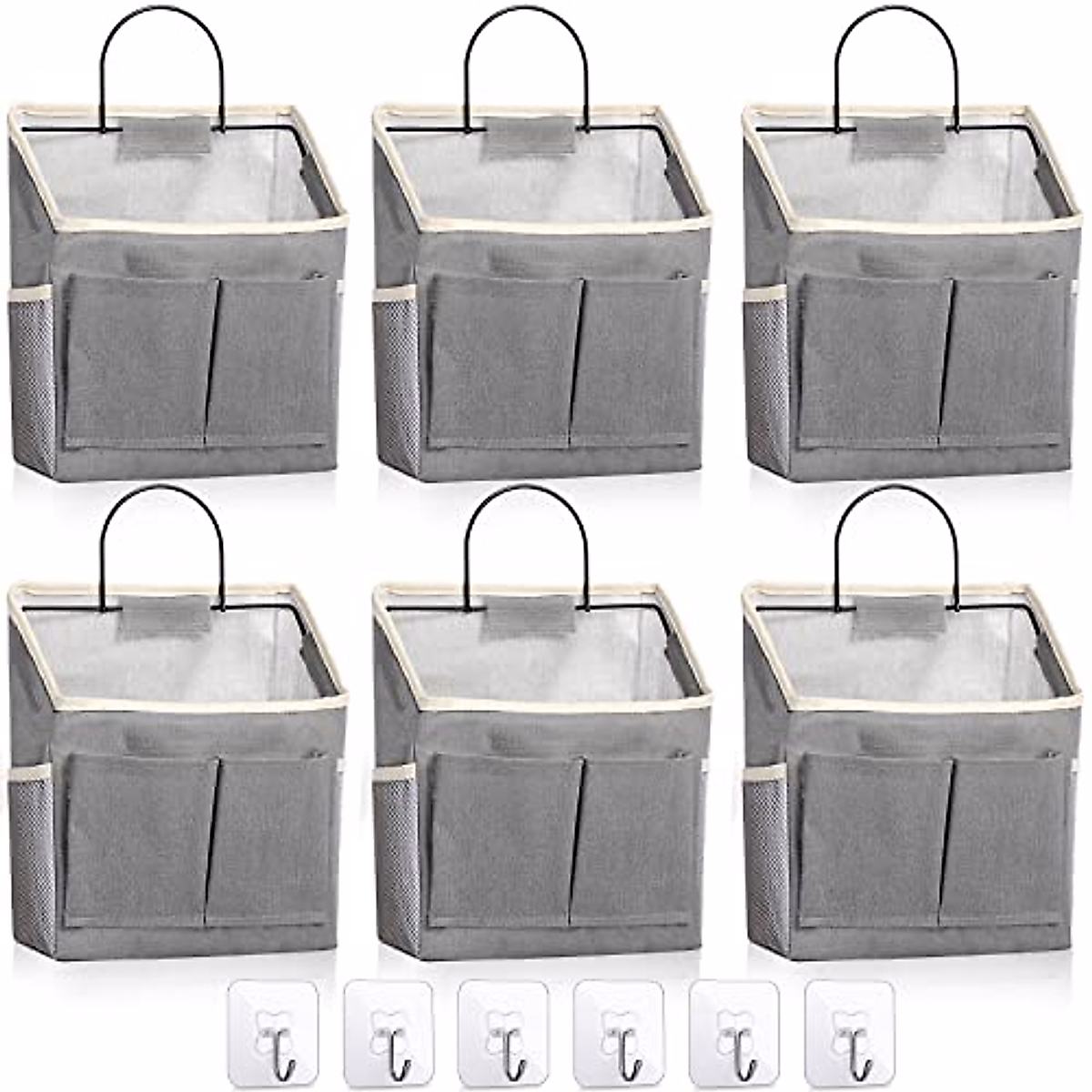 6 Pack Wall Hanging Storage Bag Bulk, Wall Hanging Organizer with Pockets, Linen Cotton Wall Pouch Basket with Sticky Hooks for Over The Door Closet Bathroom Bedroom Kitchen Dorm Room (Gray)
