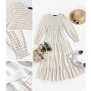 ZESICA Women's Casual Plaid Crew Neck Long Puff Sleeve Elastic Waist Smocked Flowy Tiered Midi Dress,Beige,Medium