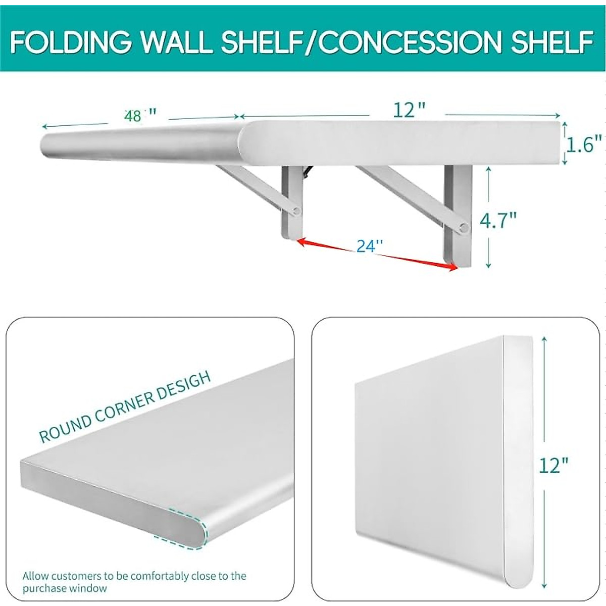 Concession Shelf 48"L x 12"W，22 gauge ASTM 304 Stainless Steel Folding Serving Food Shelf ，Wall Mount Shelving , Stainless Steel Shelf For Food Truck, grill area,BBQ working table, Restaurant .NSF