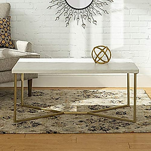 Walker Edison Mid Century Modern Marble Gold Rectangle Coffee Table Living Room Accent Ottoman Storage Shelf, 42 Inch, Marble and Gold