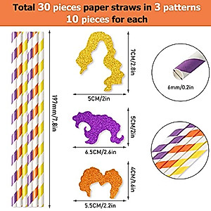 Whaline Halloween Paper Straws Hocus Pocus Glitter Witch Disposable Paper Straws with Glue Points Yellow Orange Purple Stripe Witch Drinking Straws for Halloween Party Supplies Decoration, 30Pcs