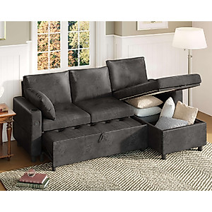 Esright Sleeper Sofa Bed Couch with Pullout Sofa Bed, Faux Leather Sectional Sleeper Sofa Pull Out Couch Bed with Storage USB & Cup Holders, Convertible Sofa Bed Couches for Living Room, Black