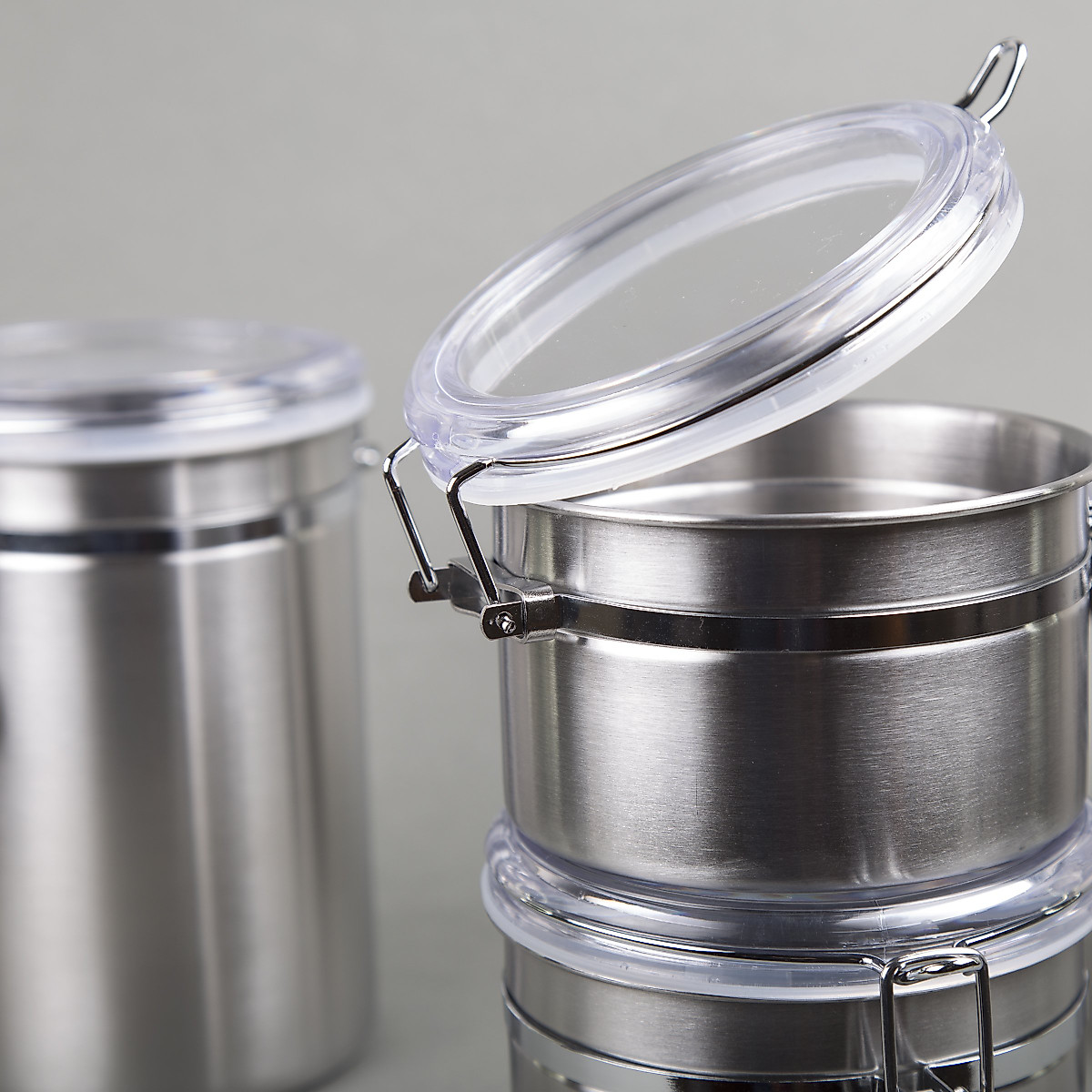 Creative Home Set of 4 Pieces Stainless Steel Kitchen Storage Jar Container Canister with Clear Airtight Lid and Locking Clamp for Food, Cookie, Flour, Sugar, Tea, Coffee Storage