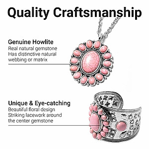 Howlite Jewelry Set - Pink Western Jewelry for Women - Turquoise Inspired Necklace, Earrings & Cuff Bracelet Set - Southwestern Chunky Statement Necklace in Stainless Steel - 26" Necklace Length