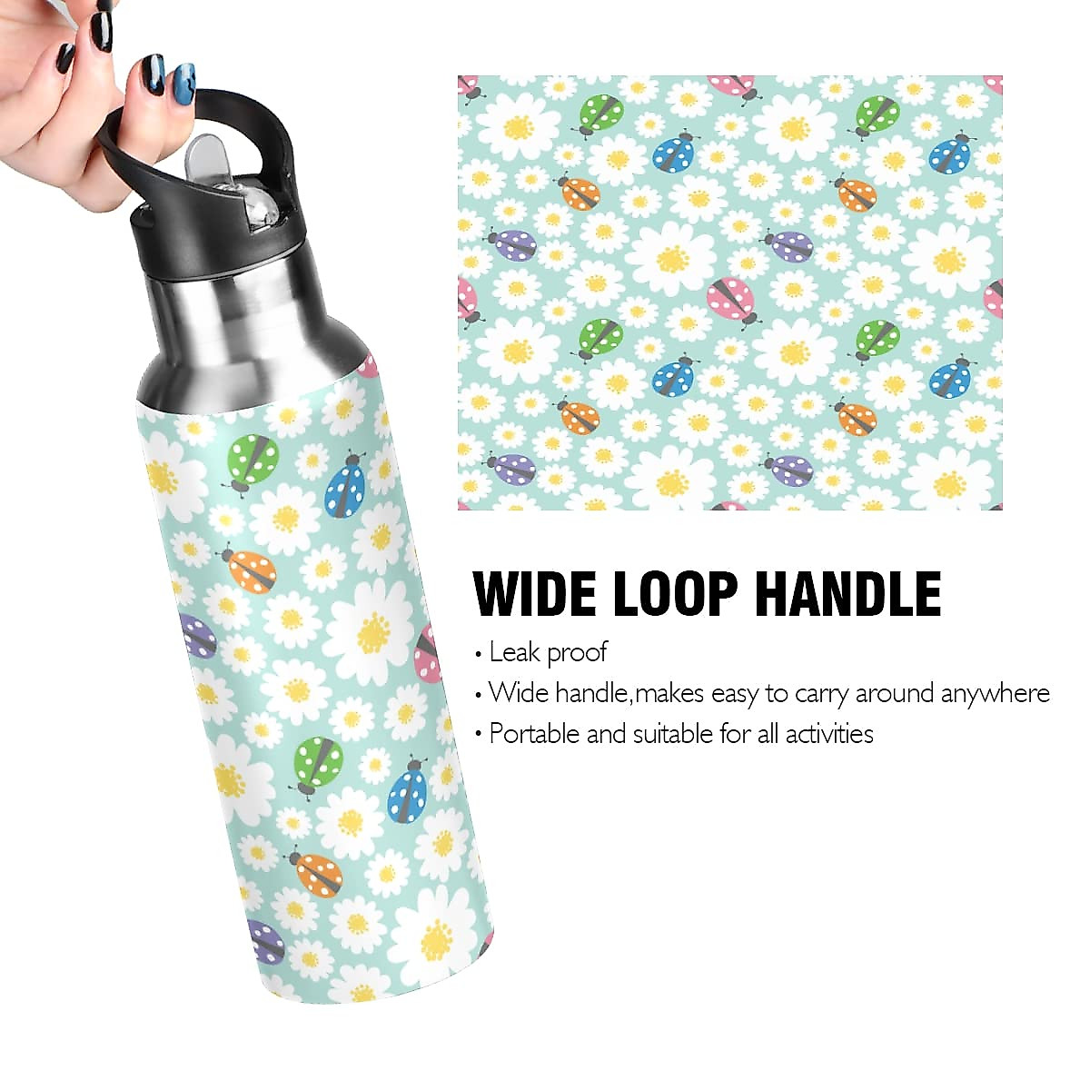 linqin Flowers and Ladybugs Stainless Steel Insulated Water Bottle with Straw, BPA Free Leakproof Reusable Drink Jug for Fitness Sports Hiking Outdoors
