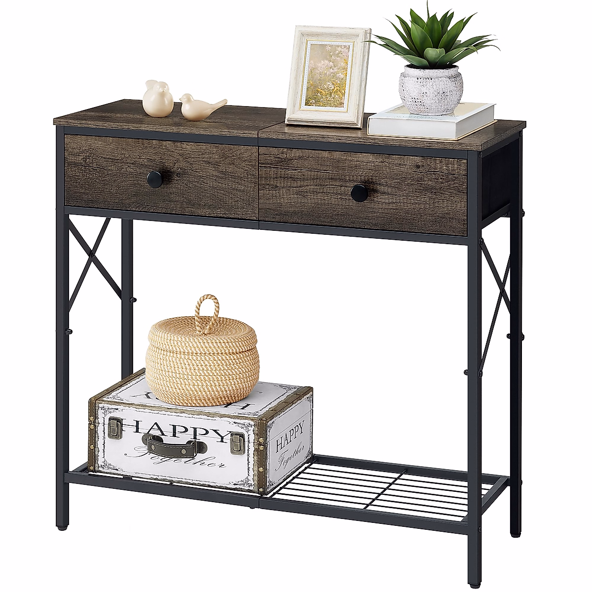 Tajsoon Console Table with 2 Fabric Drawers, 2-Tier Industrial Entryway Table with Storage Shelves, 31.5'' Narrow Sofa Table, Display Shelf for Entryway, Hallway, Living Room, Foyer, Greige