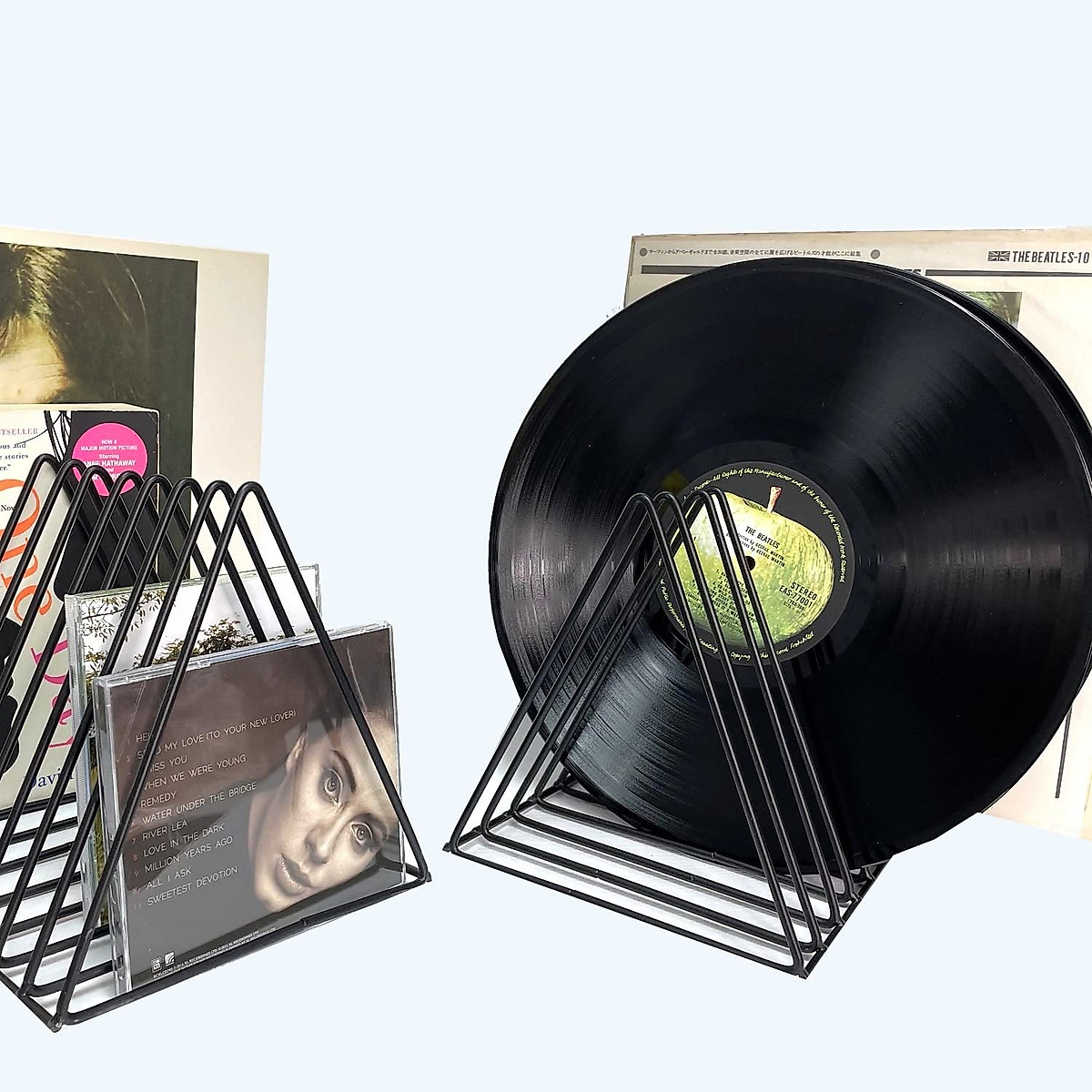 Ylu Yni 2 Pcs Set, Black Triangle Metal Wire Vinyl Record Storage, Plate Rack, Storage Holder for Magazines, Files, Albums Folders, Newspapers, 9 Slot (2PCS)