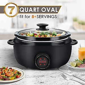 bathivy 7 Quart Slow Cooker, Electric Oval Programmable Slow Cooker with Nonstick Ceramic Pot, 3 Tempature Settings, Digital Countdown Timer, Keep Warm, Dishwasher Safe Glass Lid & Crock, Easy Carry Side Handles, Matte Black Powder Coating Housing