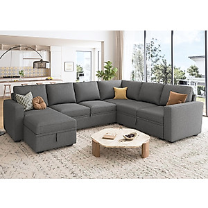 HONBAY Modular Sectional Sleeper Sofa with Pull Out Bed, U Shaped Sectional Couch with Storage Ottoman Convertible 7-Seater Sofa, Dark Grey