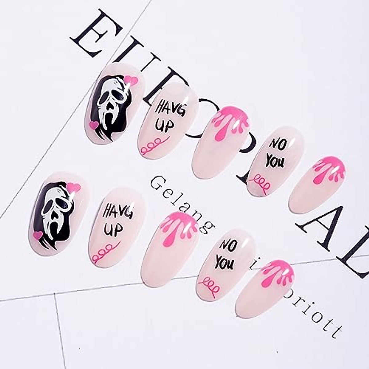 Halloween Press on Nails Short Almond Pink False Nails, Gel Acrylic Fake Nails with Glue, Salon Effect Natural Fit Reusable Glue on Nails Set 14Size 28Pcs, Halloween Design