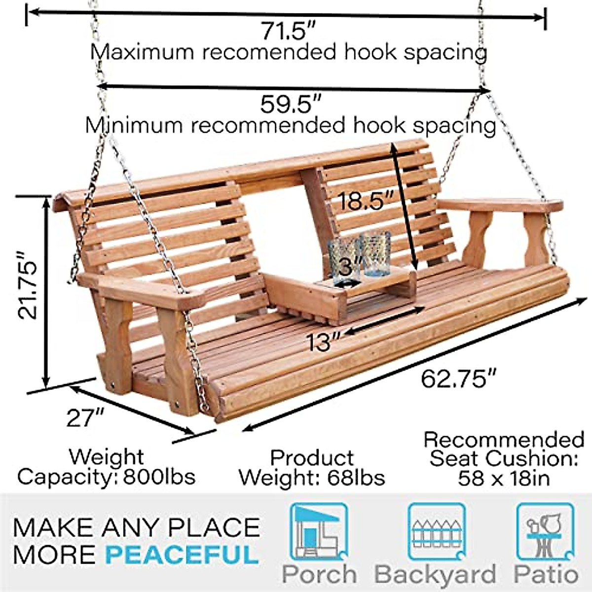 Porchgate Amish Heavy Duty 800 Lb Rollback Console Treated Porch Swing with Hanging Chains (Cedar Stain)