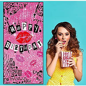 Hot Rose Pink Lip Happy Birthday Banner Backdrop Background Burn Book Theme Decor for Bridal Shower Wedding Night Out Hen Movie Party Bachelorette Party Girls Woman Birthday Party Favors Decorations