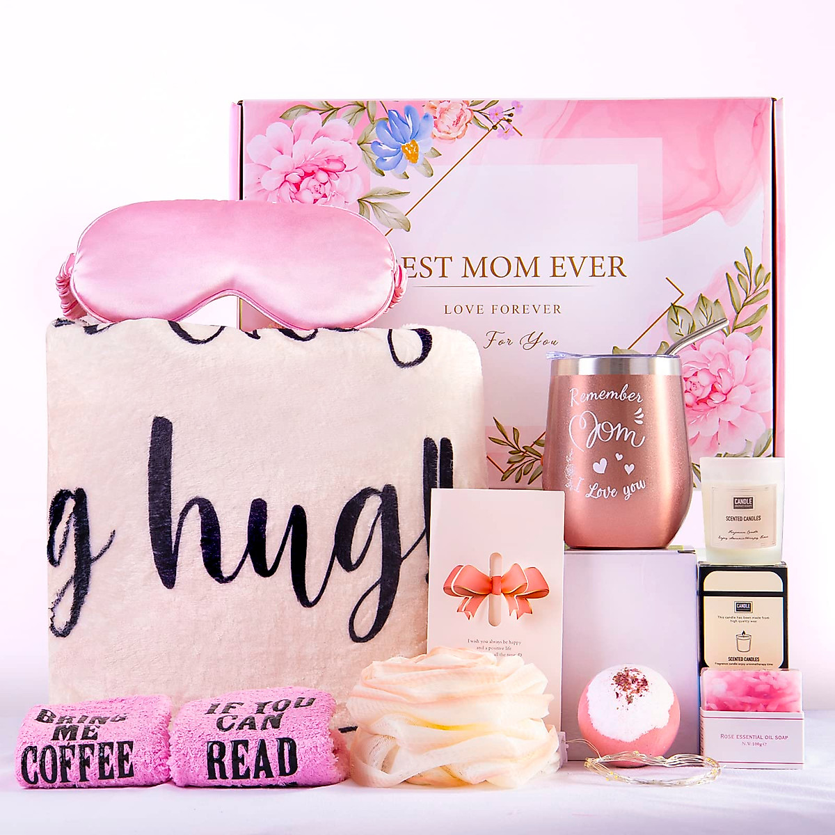 Birthday Gifts for Mom - Mothers Gifts from Daughter Son Husband, 11Pcs Relaxing Spa Gift Basket Set, Care Package Get Well Soon GiftsBasket, Letter Blanket Tumbler Unique Gift Ideas