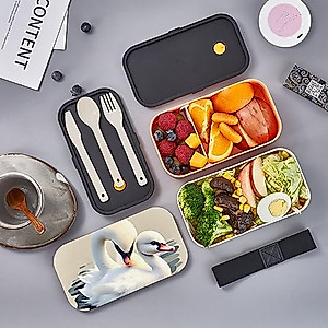 Cute Little Swan Adult Lunch Box, Bento Box, With Cutlery Set Of 3, 2 Compartments, Rectangular, Lunch Box For Adults