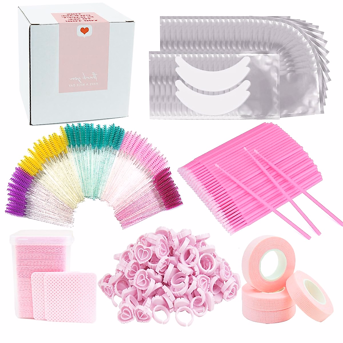 554 PCS Professional Lash Extension Supplies Kit with 50 Pairs Foam Lash Pads, 100 Lash Brushes,100 Micro Applicators, 100 Lash Glue Rings, 200 Glue Wipes, 4 Lash Tapes for Eyelash Extensions
