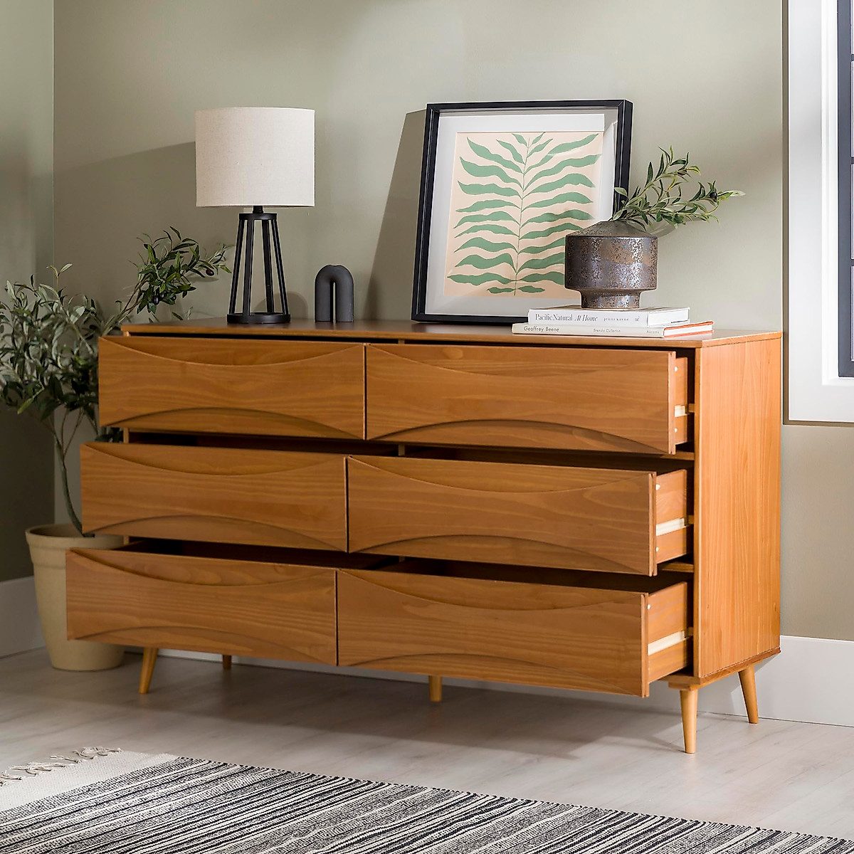 Walker Edison Lowry Mid-Century Modern Detailed-Drawer Solid Wood Dresser, 59 Inch, Caramel