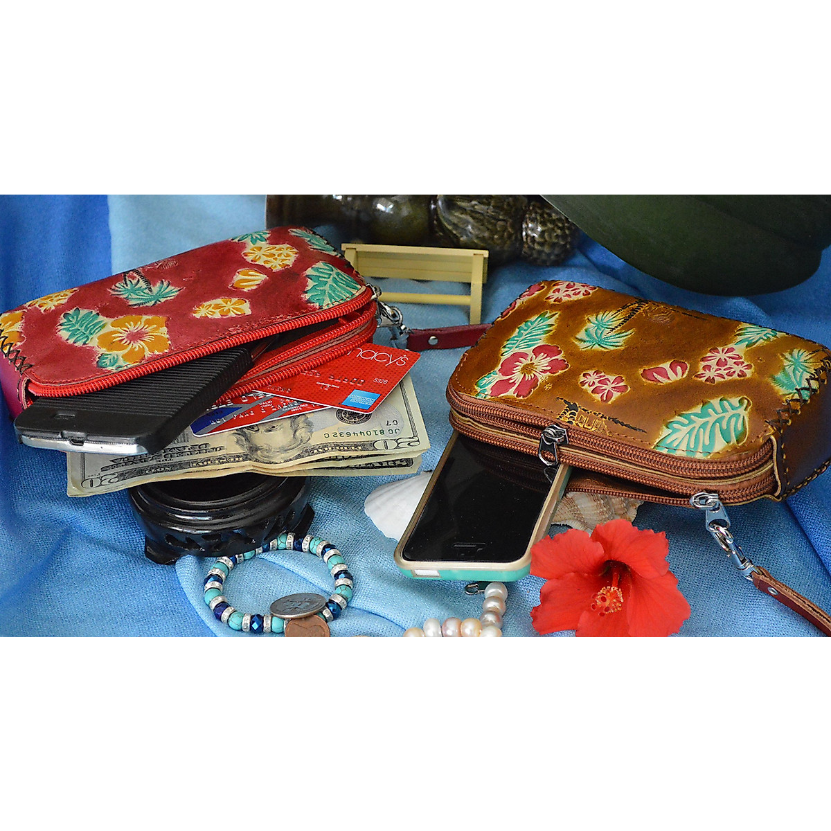 Leather Purse/wallet,two Zipper for Two Separate Rooms, Lovely Hawaii Scenery (Brown)