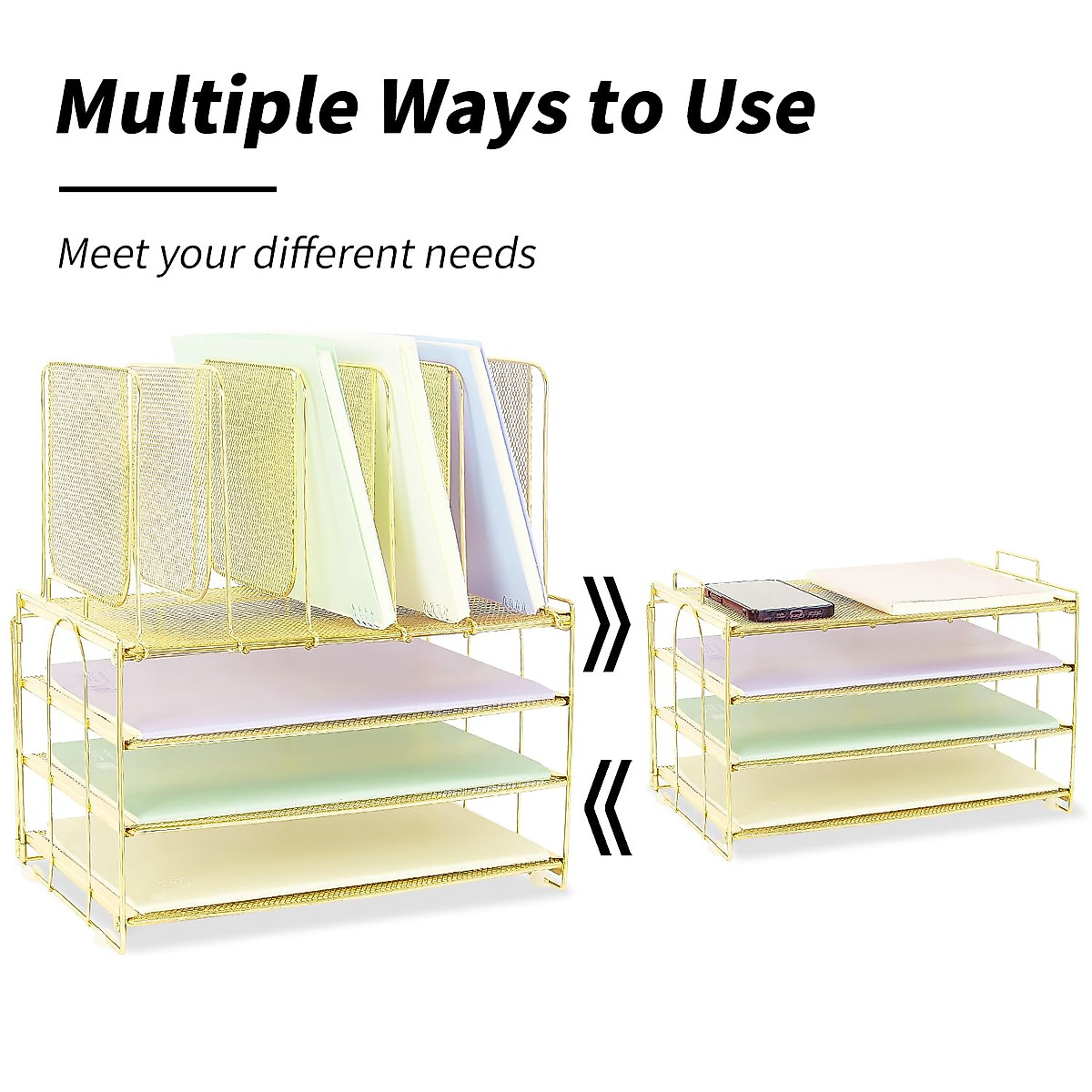 ORDROLL Desk Paper Organizer with Handle,3 Tier Letter Trays with 5 Vertical File Holder,Paper Storage,Desktop Organizer for Classroom,Home or Office,Gold
