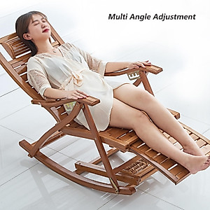 LOERSS Foldable Rocking Chair,Garden Deck Chairs for Elderly,Bamboo Chair,Foldable Recliner,Outdoor Rocking Chair,Garden Chair,with Headrest Pillow and Foot Massage Board