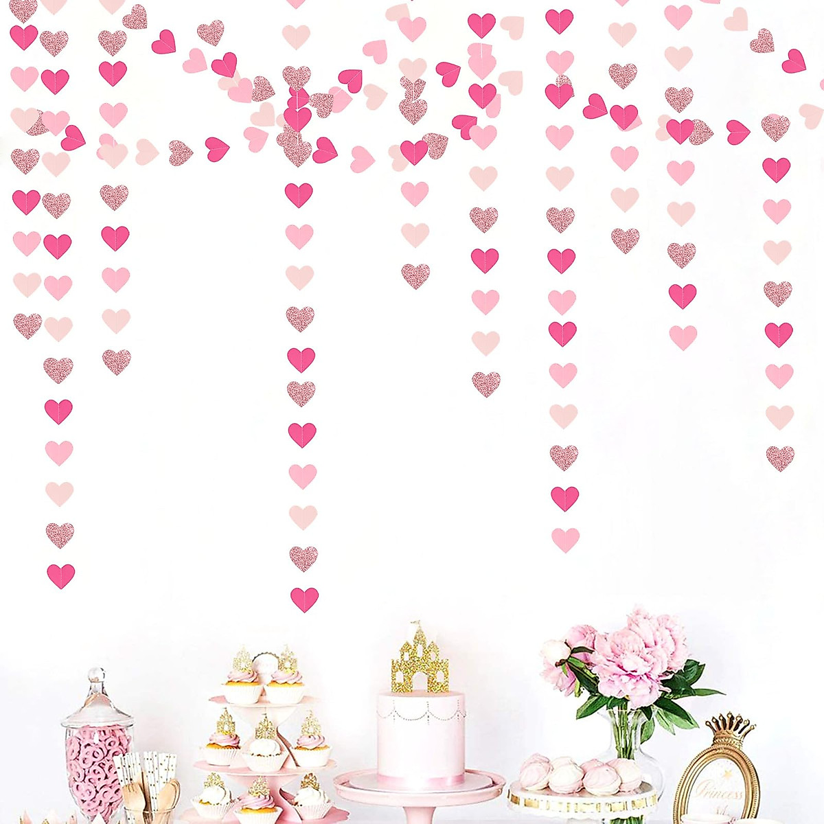 Hot-Pink Rose-Gold Party Decorations Heart-Garland - 52ft Wedding Bridal Shower Hanging Decoration Streamers Banner,Baby Girl Birthday Bachelorette Engagement Mohters Valentines Day Decor Panduola