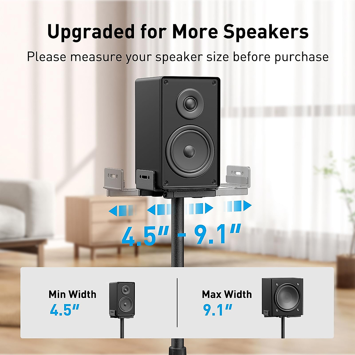 PERLESMITH Universal Speaker Stands for Surround Sound, Holds up to 11LBS, Floor Speaker Stand Height Adjustable Extend 33.3” to 45.1” for Satellite Speakers & Bookshelf Speakers -1 Pair PSSS2 Black