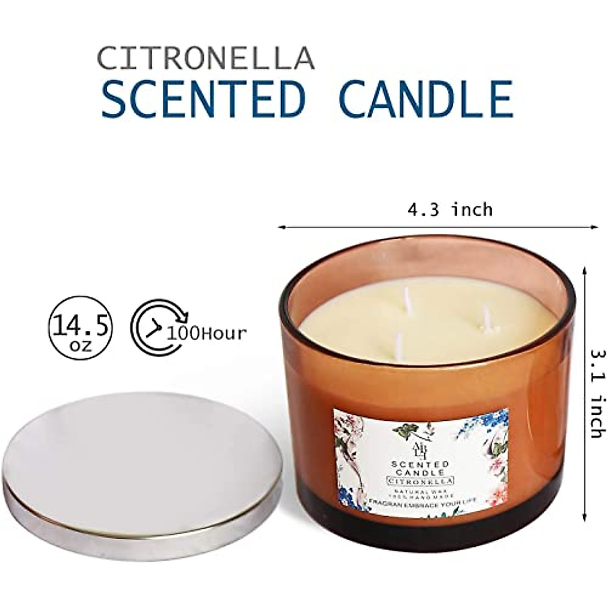 JHENG Large Citronella Candles Outdoor Indoor Candle Made with Natural Soy | 3 Wick Scented Candles Long Lasting 40 Hour Burn | 13.5 Ounces Highly Scented Aromatherapy Candles for Home