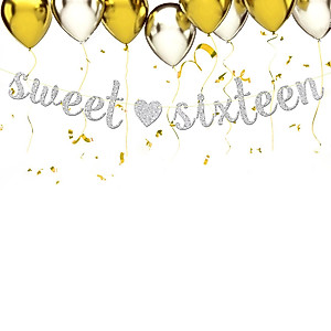 Silver Glitter Sweet Sixteen Banner - Happy 16th Birthday Banner - 16th Birthday Party Decorations for Girls - Sixteen Years Old Decorations