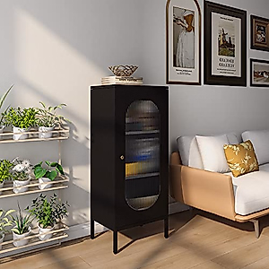 LINGZOE Steel Locker Display Cabinet with Tempered Glass Door,Metal Sideboard Cabinet for Kitchen livingroom Bedroom