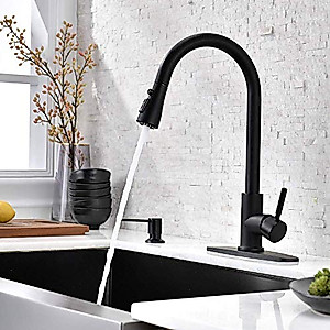 Hovheir Matte Black Kitchen Faucet with Soap Dispenser, Single Handle Pull Down Kitchen Faucet, High Arch Single Handle Stainless Steel Pull Out Sprayer Kitchen Sink Faucet