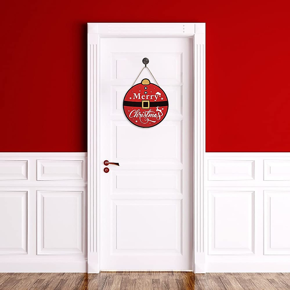 FWIEXA Christmas Door Hanger Decorations, Funny Santa Claus Merry Christmas Door Sign, Round Christmas Wooden Signs for Front Door Home Farmhouse Decor (12''x 11'')