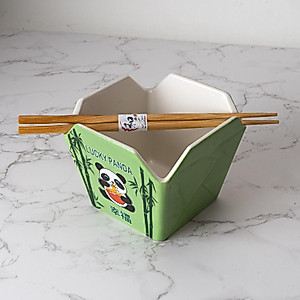 Urban Tokyo Chinese Takeout Box Style Porcelain Bowl With Chopsticks 18 fl oz Square Box Shape Rice Noodles Pasta To Go Box Shaped Bowl Microwave Dishwasher Safe (Hungry Panda)