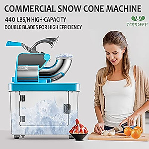 Topdeep Commercial Ice Crusher, 110V Electric Snow Cone Machine ETL Approved, 440LBS/H Snow Cone Maker with Dual Blades, Stainless Steel Shaved Ice Machine or Home and Commercial Use
