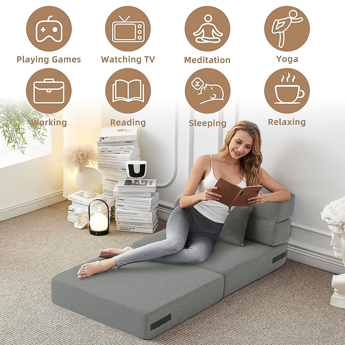 FILUXE Convertible Folding Sofa Bed - Sleeper Chair with Pillow, Modern Linen Fabric Floor & Futon Couch, Foldable Mattress for Living Room/Dorm/Guest Use/Home Office/Apartment, Single Size Light Gray