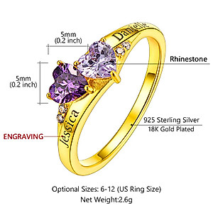 Custom4U Personalized Engagement Ring with 2 Heart Shaped Birthstones, 18K Gold Plated 925 Sterling Silver Finger Ring for Couple Customized Gift for Valentine's Day