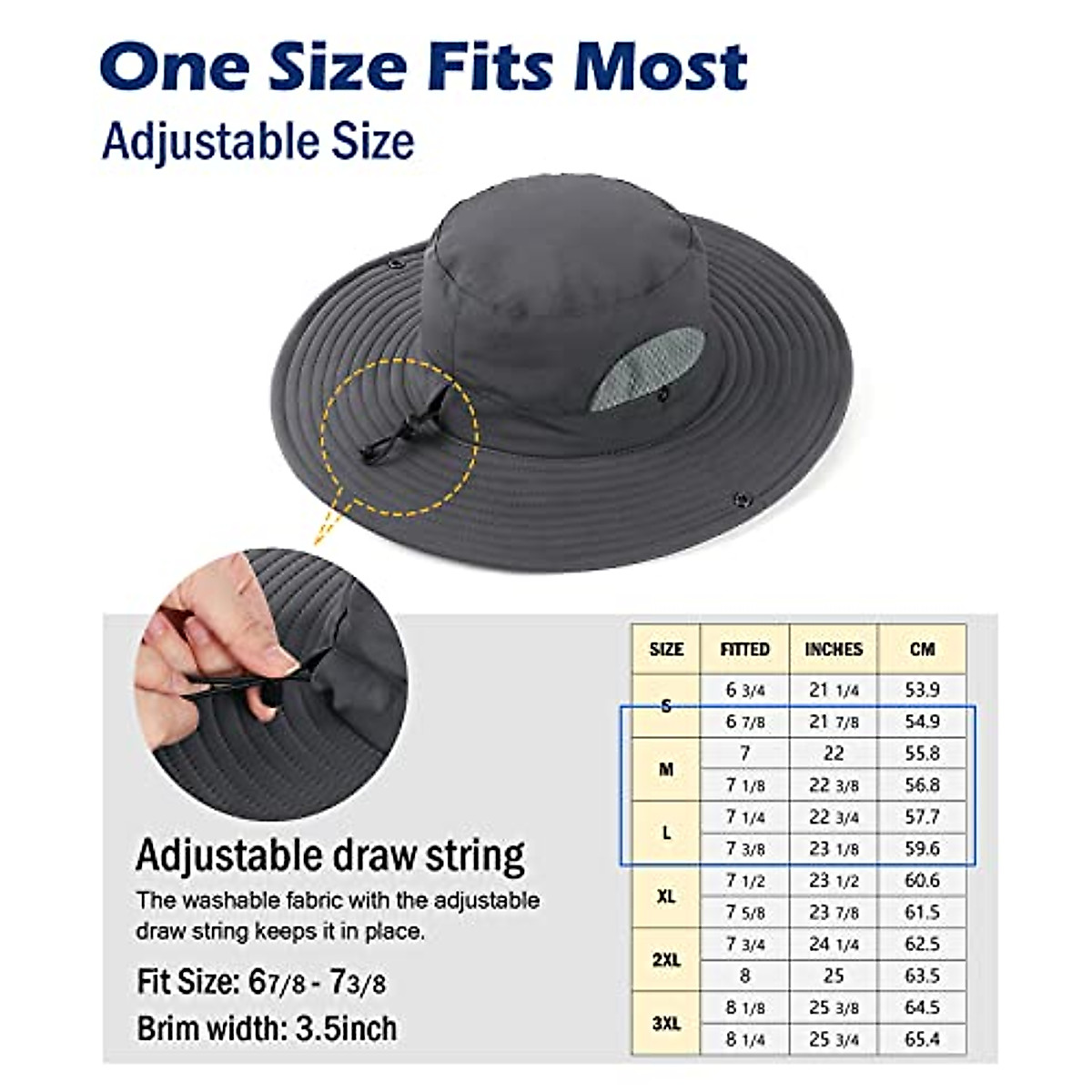 Wmcaps UPF 50+ Sun Protection Hats for Men Women, Wide Brim Waterproof Bucket Hat for Fishing, Hiking, Garden, Outdoor Dark Grey