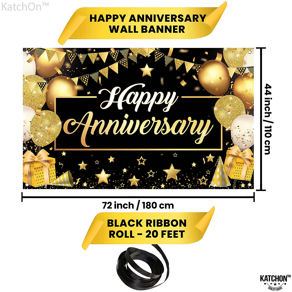 KatchOn, Happy Anniversary Banner Black and Gold - XtraLarge, 72x44 Inch | Happy Anniversary Decorations for Party, Happy Anniversary Backdrop | Happy Anniversary Sign, Wedding Anniversary Decorations
