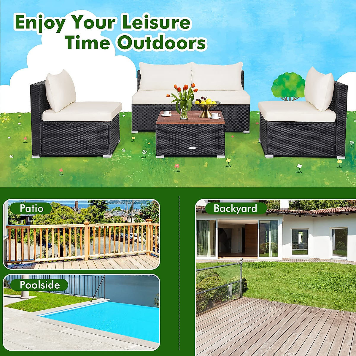 Tangkula 5 Piece Outdoor Patio Furniture Set, Patiojoy PE Wicker Conversation Set with Solid Acacia Wood Tabletop and Soft Cushions, Patio Sectional Sofa Furniture Set for Garden, Poolside (Off White)