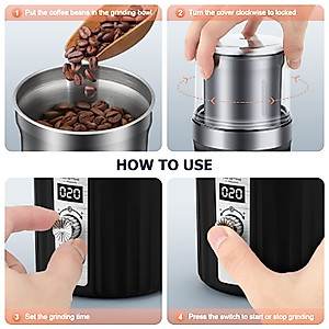 COOL KNIGHT Adjustable Coffee Grinder Electric, with Timing Setting and Removable Stainless Steel Bowl, Herb Spice Grinder Great for Coffee Bean, Spices and Herbs - 7.6"