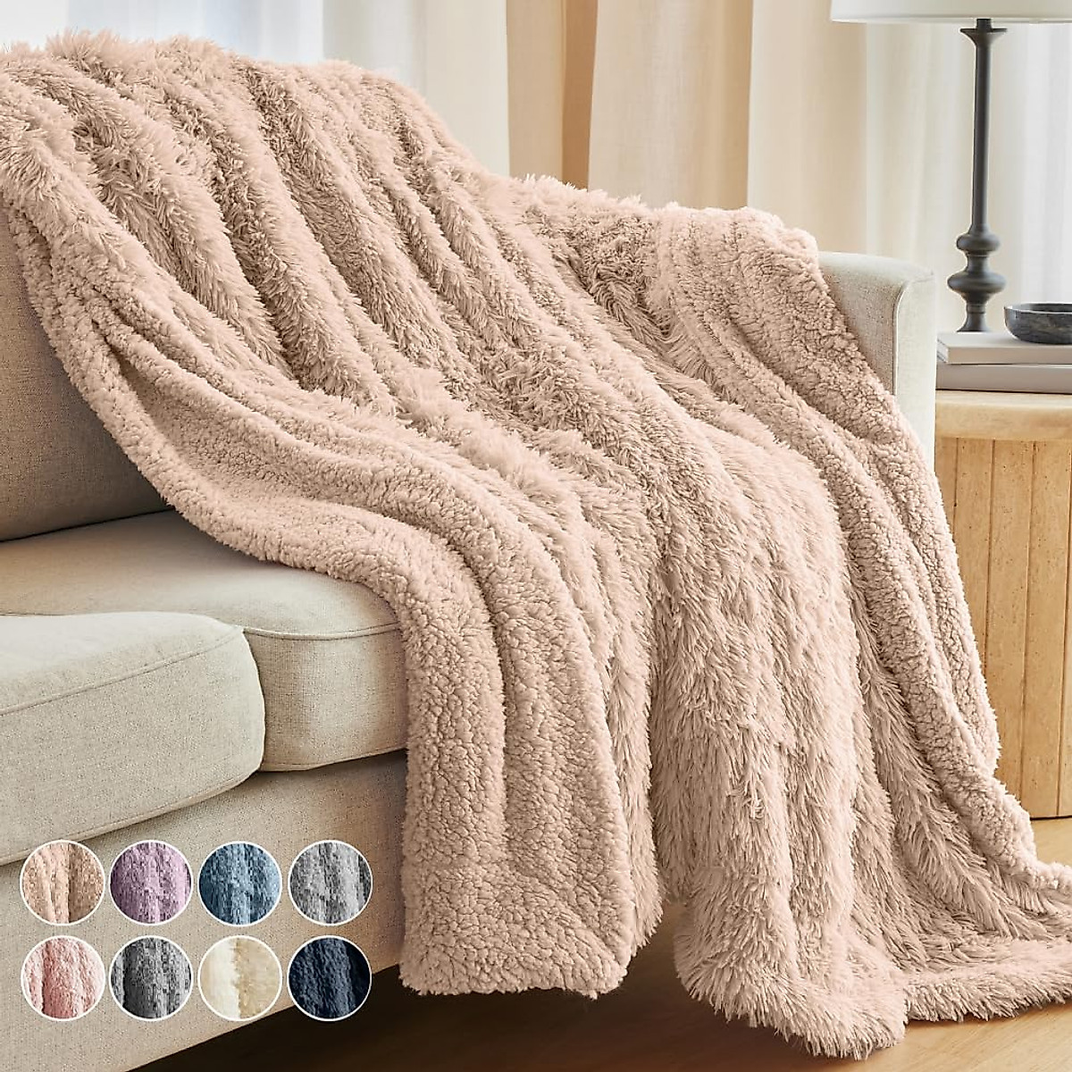 The Connecticut Home Co Throw Blanket Soft Fluffy Room Decor, Cozy Warm Throws for Bed, Couch, Gifts for Women, Bedroom Cute Aesthetic Blankets Shag and Sherpa, 65x50, Beige