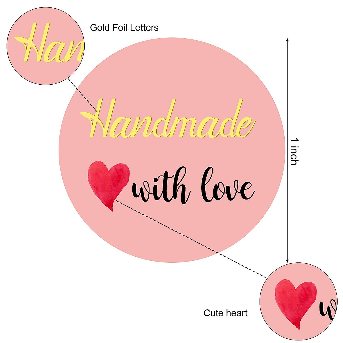 Outus 1000 Pieces Handmade with Love Stickers 1 Inch Foil Homemade Baking with Love Sticker for Baking Store, Wedding, Party and Small Business Present Labels