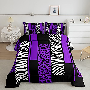 Feelyou Leopard Zebra Comforter Set King Size Kids Cheetah Purple White Black Comforter for Boys Teens Animal Print Bedding Set Safari Duvet Set Geometry Room Decor Quilt Boys