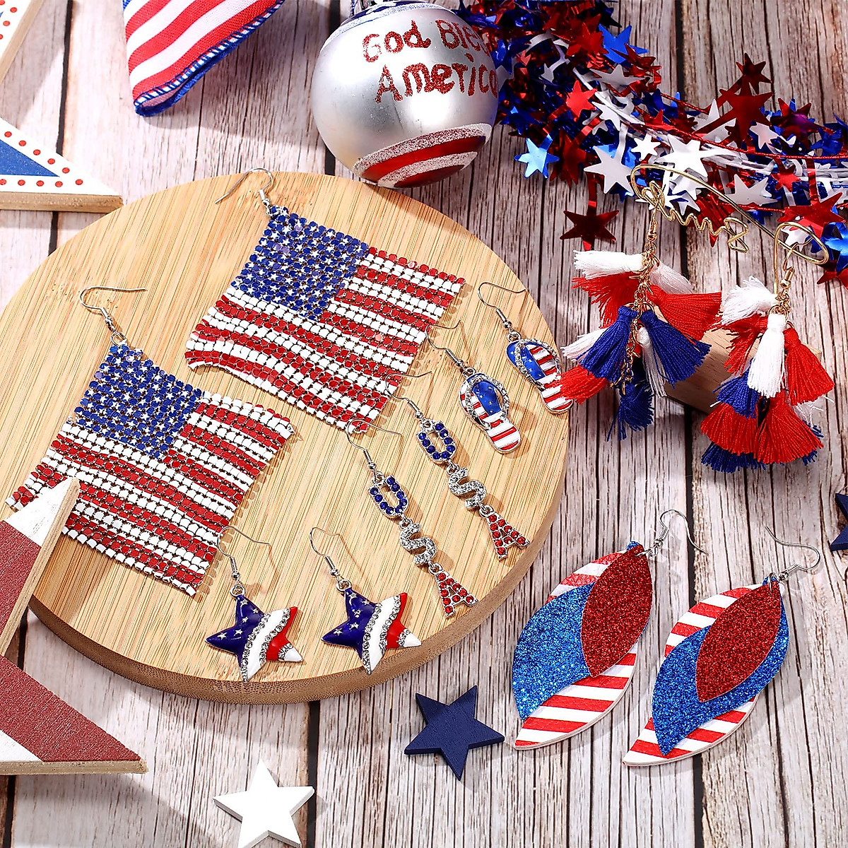 6 Pairs American Flag Earrings Independence Day Earrings Patriotic Earrings Set Red White Blue American USA Flag Earrings 4 of July Teardrop Tassel Rhinestone Drop Earrings Gift for Women