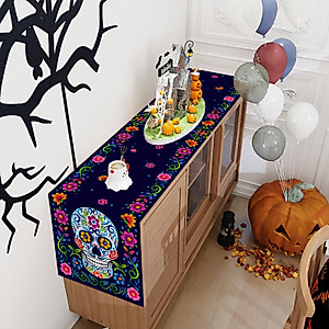 Linen Dia De Los Muertos Table Runner 72 Inches Long Day of The Dead Tablecloth Mexican Fiesta Themed Party Decorations and Supplies for Home Kitchen Dining Room Table