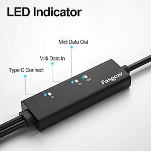 Fasgear USB C MIDI Cable with Type C to USB Adapter, 6ft Type C to in-Out MIDI Cable for Music Keyboard Piano to PC Laptop, MIDI to USB C Interface Converter for Windows, Android, Mac OS